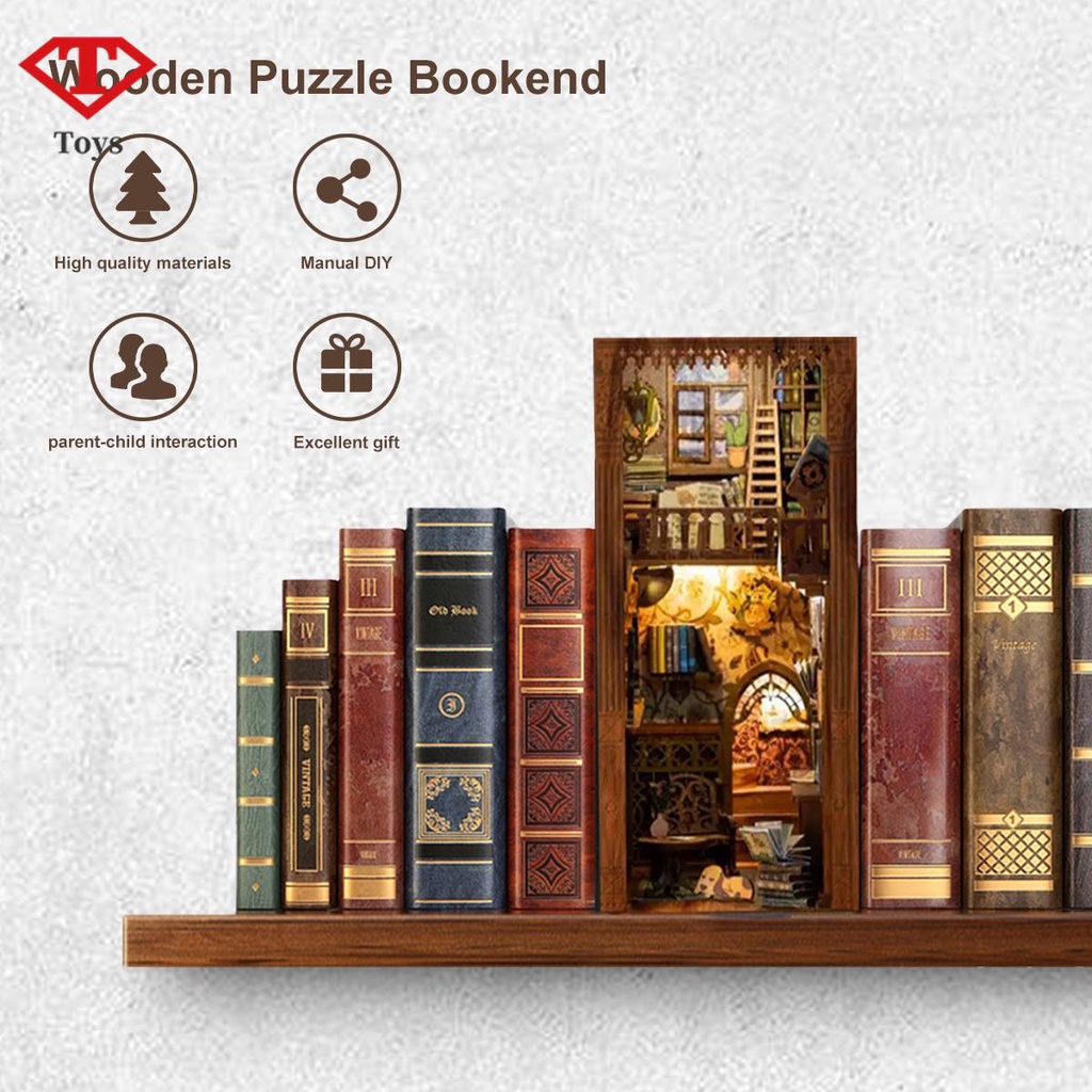 Wooden Bookend Kit Bookshelf Insert 3D Wooden Puzzle DIY Bookend Decor ...