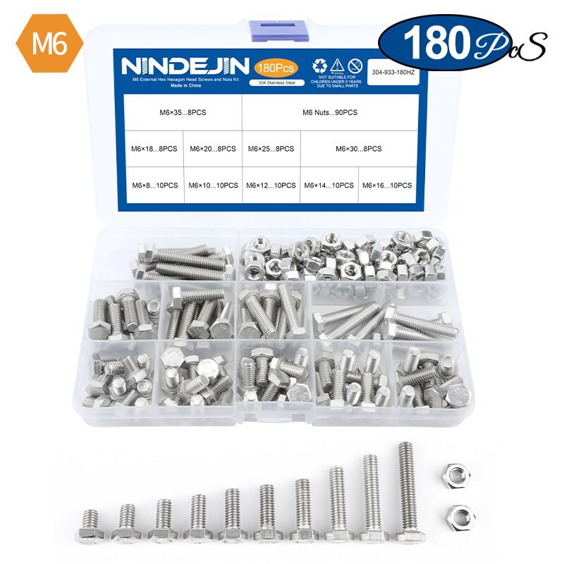 NINDEJIN External Hex Head Screw Set Bolt And Nut Kit M4 M5 M6 Stainless Steel Hexagon Bolts ...