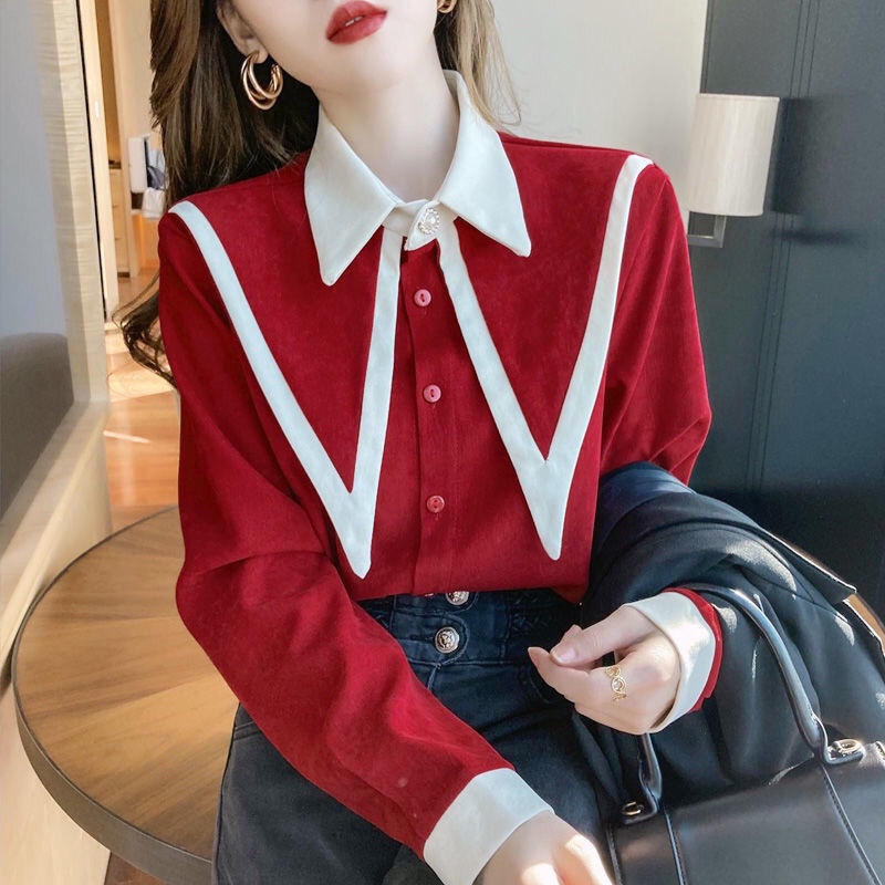 New Korean Style Contrast Color Shirt Top for Women Thin Red Loose All ...