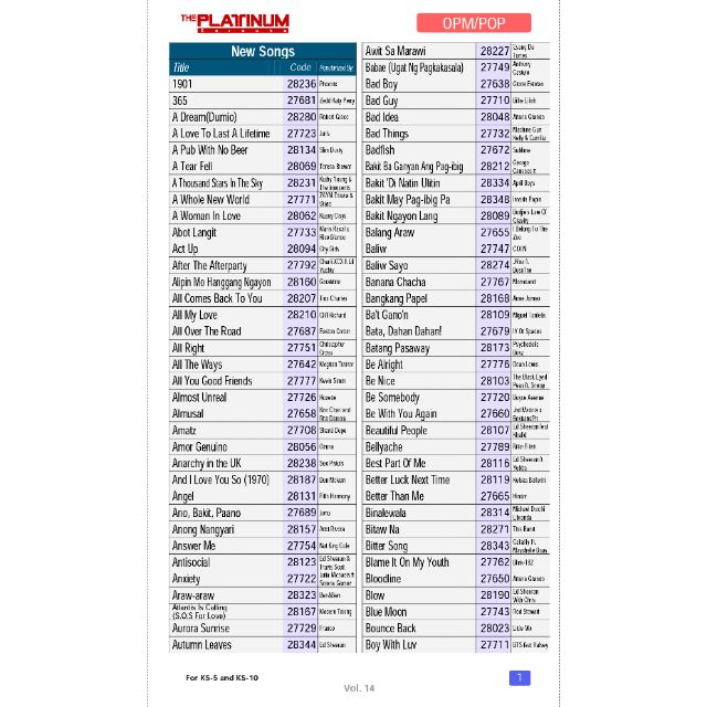 [SONGLIST ONLY] PLATINUM KS-5 Junior 2 Lite & KS-10 KS-1 KS-40 K-BOX 2 BRAVO Complete Full ...