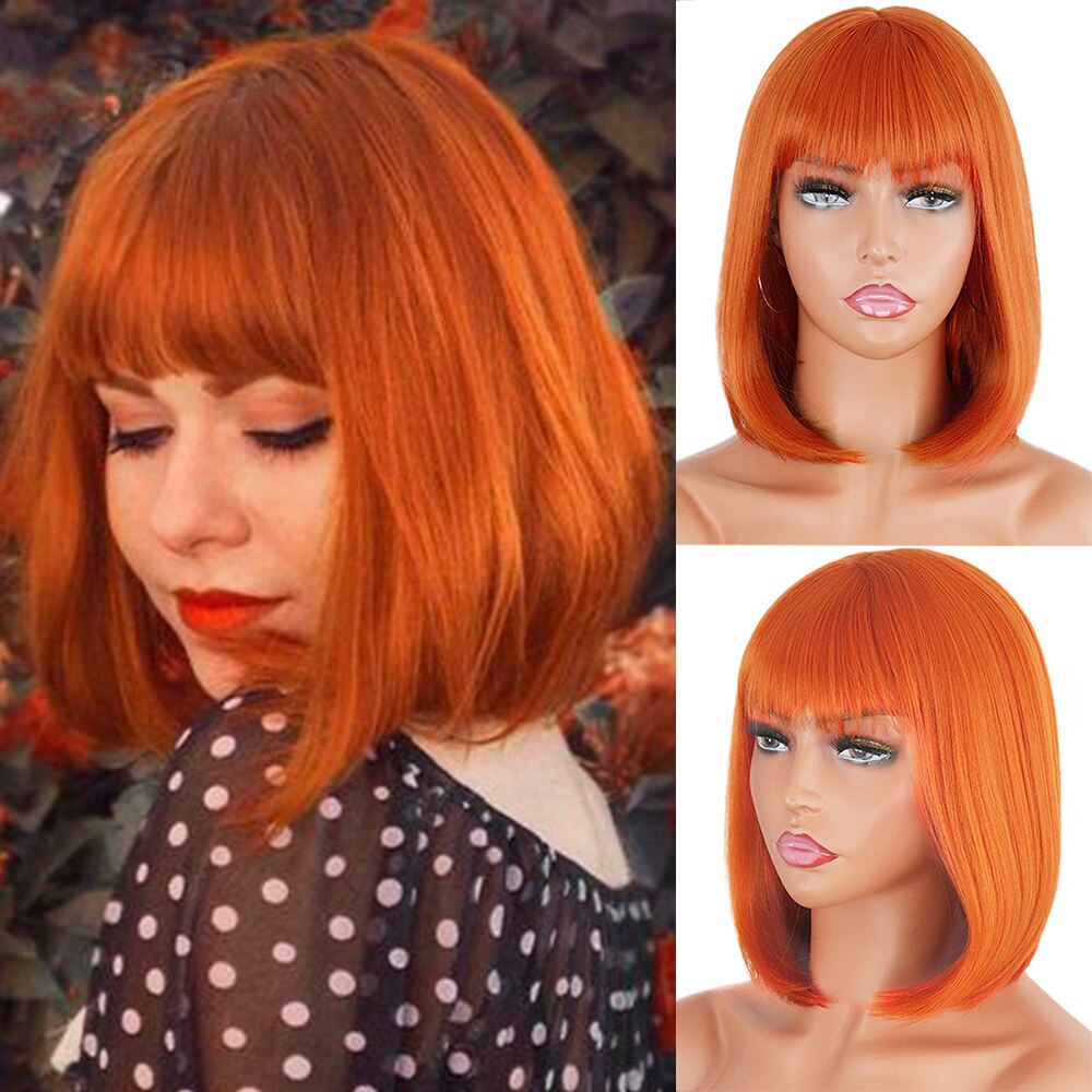 Short Orange Bob Wig With Bangs for Girl Synthetic Bob Wigs Natural ...
