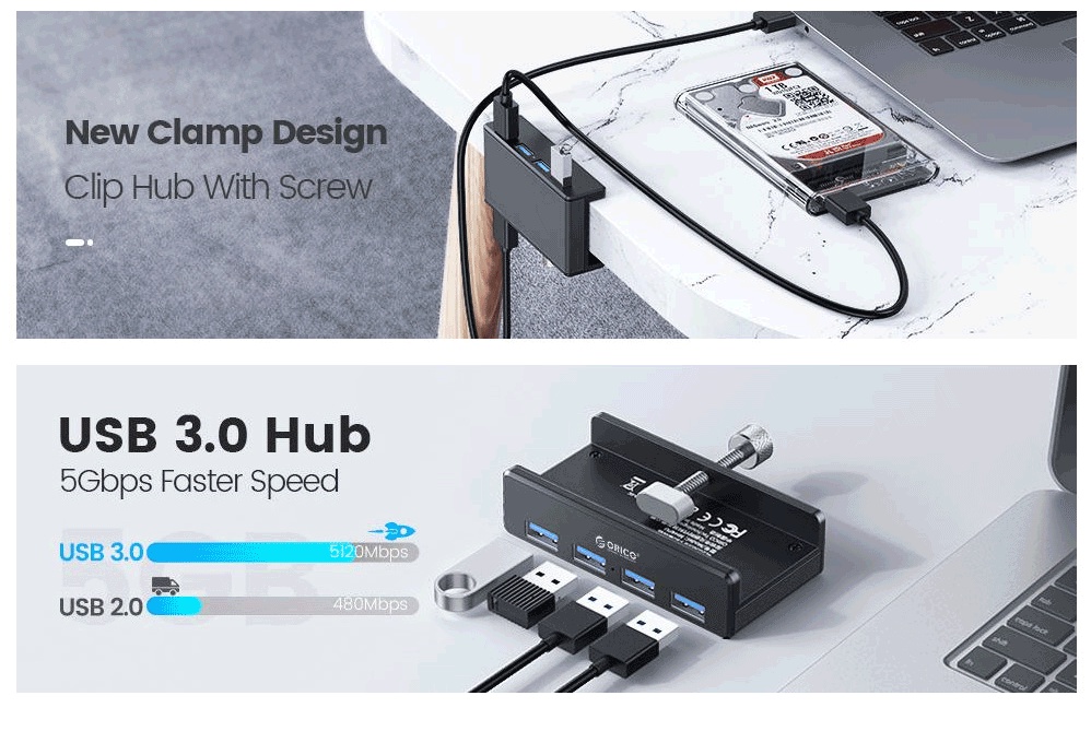 ORICO USB Hub Aluminum 4 Ports USB 3.0 Clip-type HUB For Desktop Laptop ...