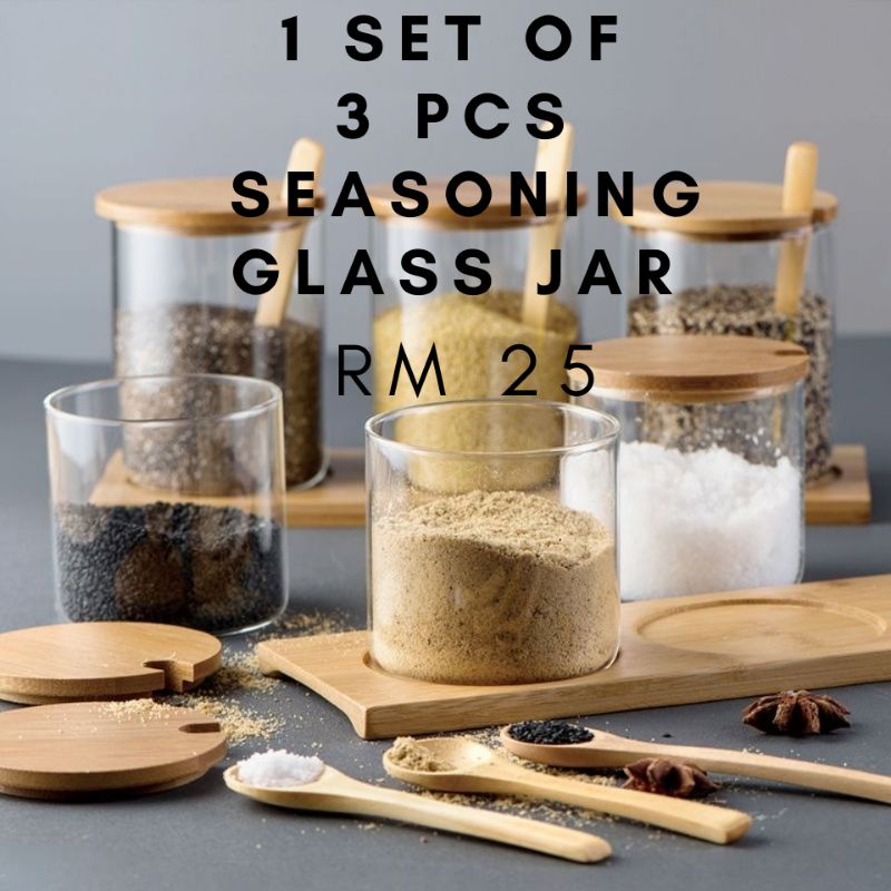 NORDIC SET OF 3 PCS SEASONING GLASS JAR VIRAL (Bekas garam/msg/kunyit ...