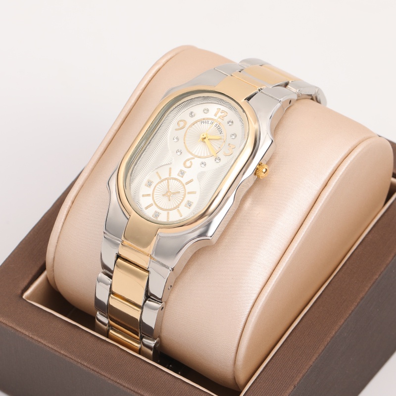 Mens Diamond Dual Dial Metal Watch Ladies Waterproof Quartz Oval Watch ...