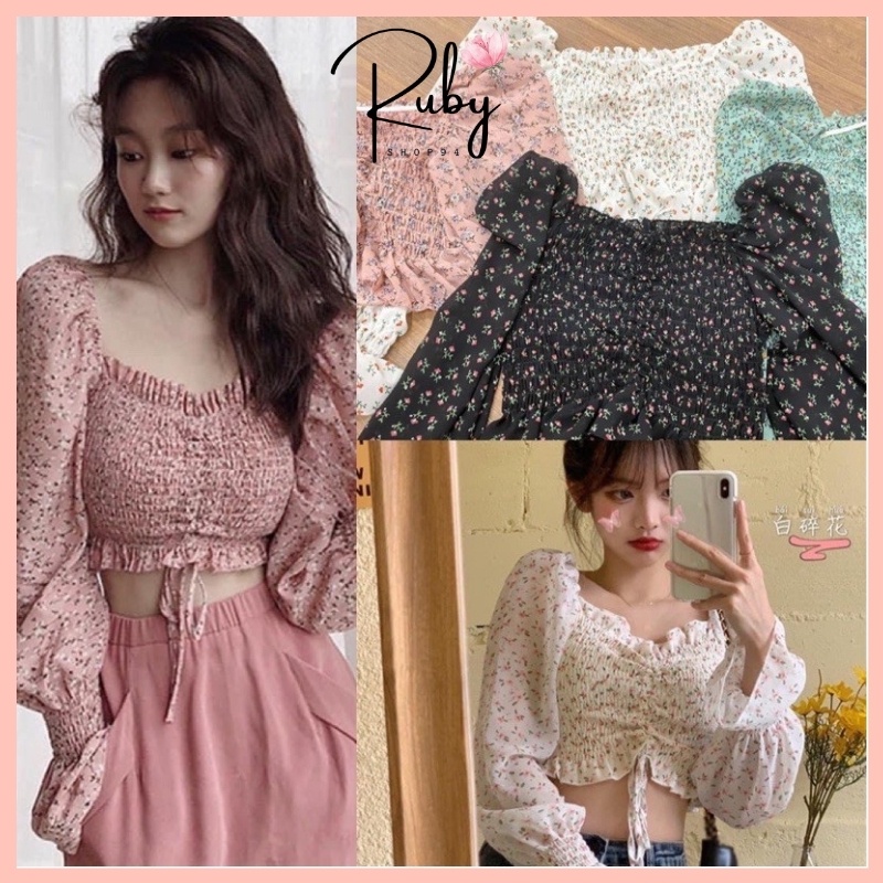 Vintage floral crop top with body-hugging shape, women's long-sleeved ...