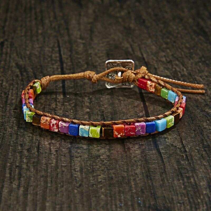 Bohemia Charm Women 7 Chakra Bracelet Natural Stone Tube Beads Leather ...