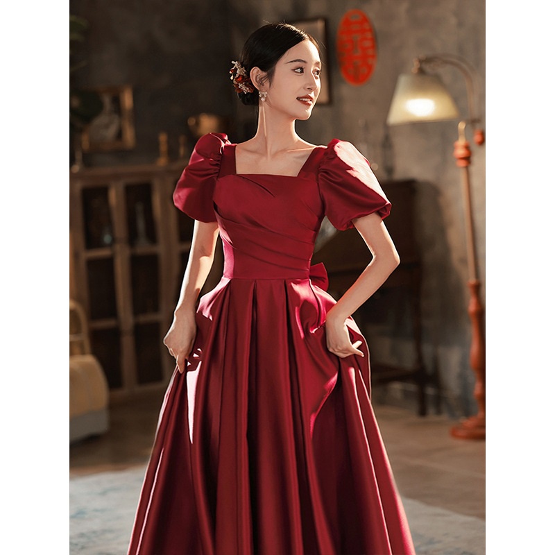 French Wine Red Satin Bride Toast Dress Luxury Wedding Engagement Puff ...