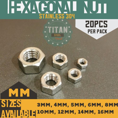 20pcs - 6mm to 12mm Hex Nut (Stainless 304) Metric Sizes | Shopee ...