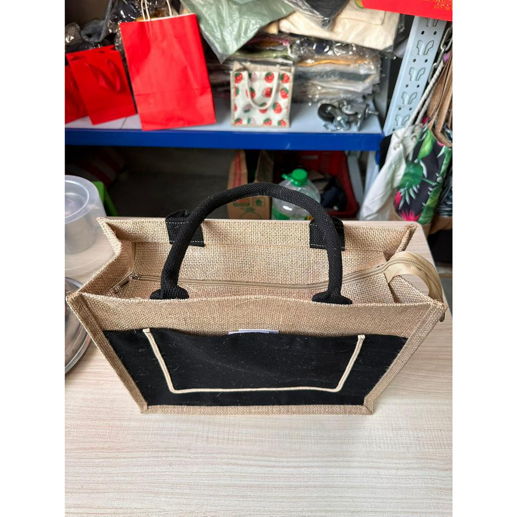 Abaca Tote Bag Linen Jute Burlap Shoulder Bag Plain Design With Pocket ...