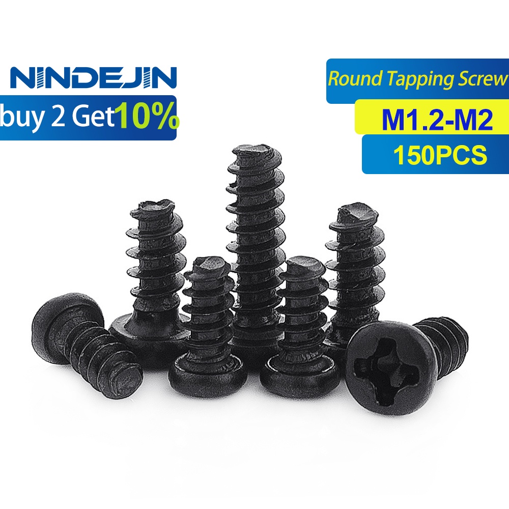 NINDEJIN 150pcs Cross Pan Head Self-Tapping Screw M1.2/M1.4/M1.7/M2 Round Head Black Plated ...