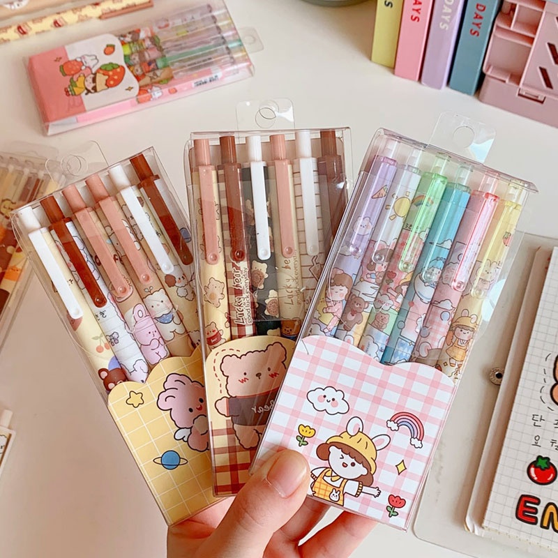 6PCS Cute Ballpens Set School 0.5 mm Black Gel Pens Kawaii Cartoon ...