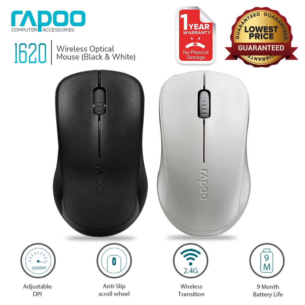 Rapoo 1620 Wireless Optical Mouse Entry Level 2.4G Ambidextrous Design ...