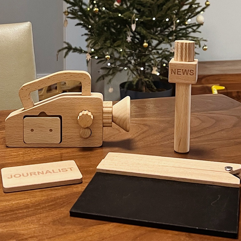 BYJ Wooden Interview Prop Toy Pretend Play Set for Kids Wooden Camera ...