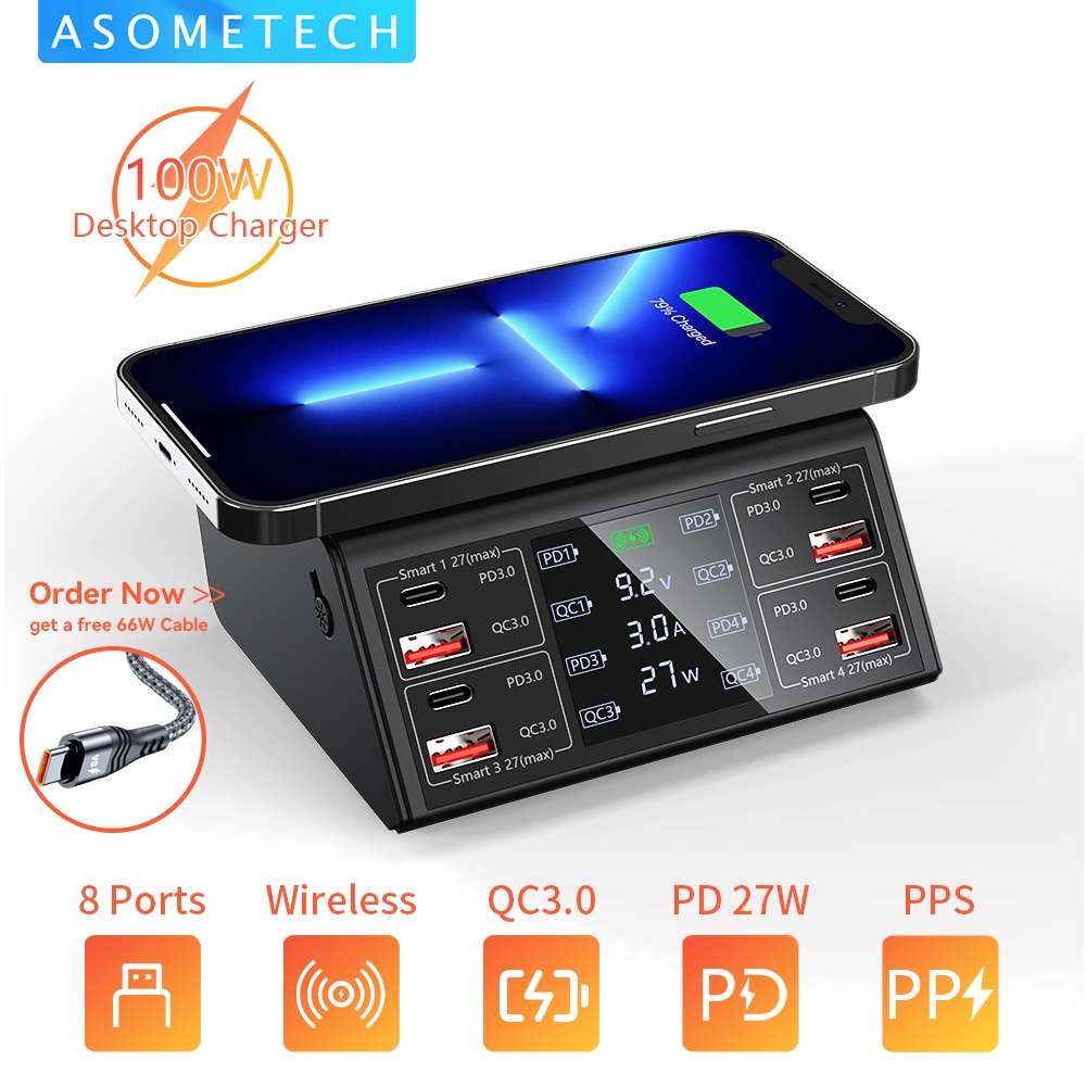 100W Multi USB Charger With 4 QC3.0 USB A Quick Charge Ports and 4 PD3 ...