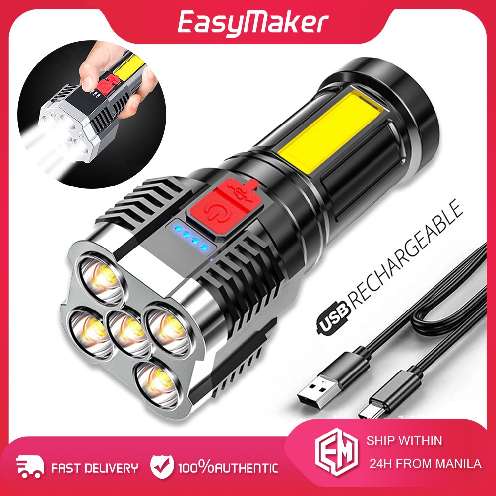 Rechargeable 5 LED Super Bright Flashlight with COB Sidelight Portable ...