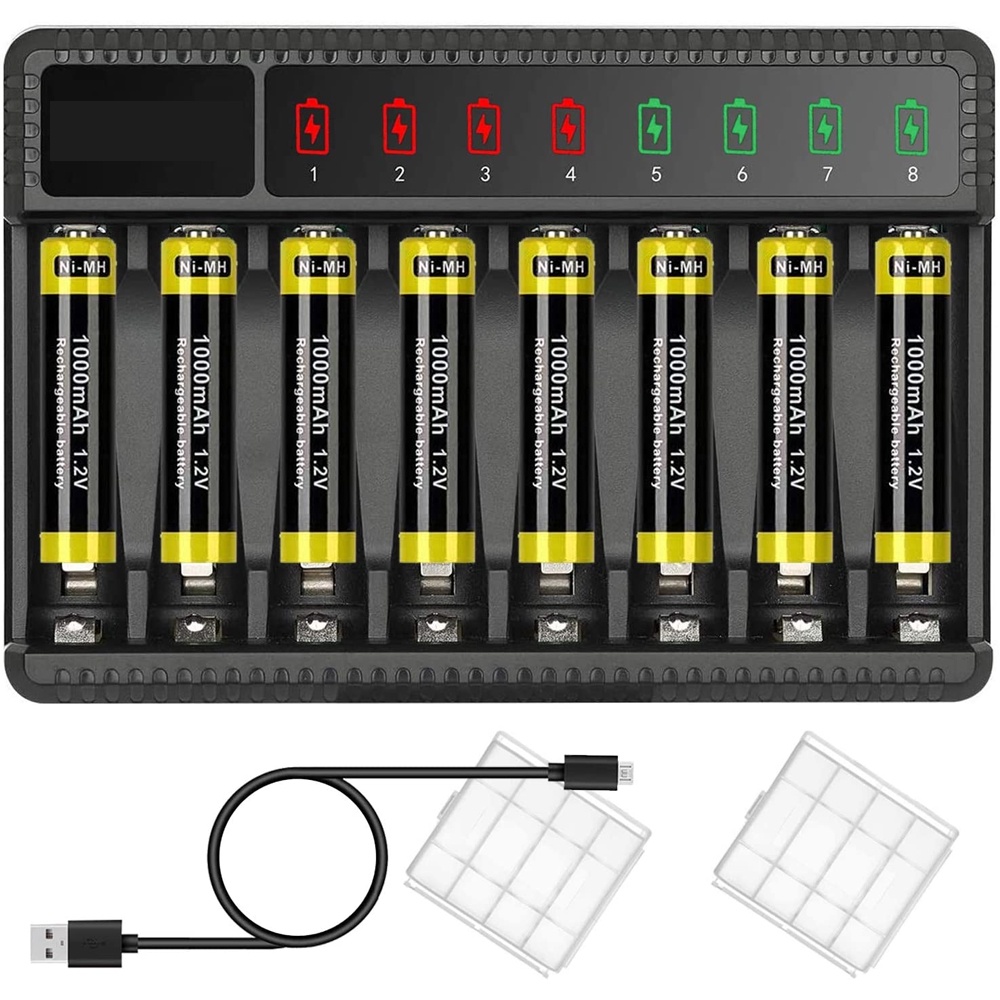 8 Slot Smart Battery Charger LED Display for AA/AAA NiMH Rechargeable ...