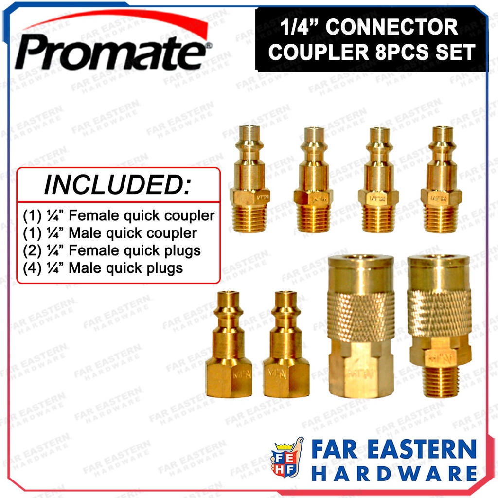 PROMATE 1/4" NPT Air Connector Coupling 8pcs Set Brass Coupler PCA 08 ...