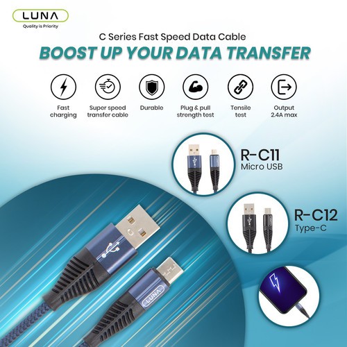 Luna USB Data Cable Micro Cable Type C Fast Speed 2.4A Fast Charging 1m ...
