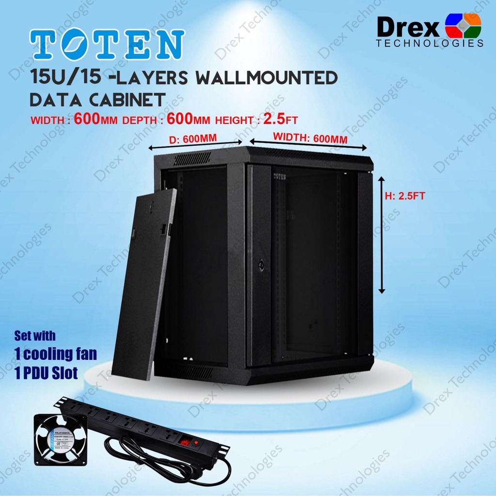 Toten 15U 15-Layer Wallmounted data Cabinet 600x600x2.5ft W/ 1pc Fan ...