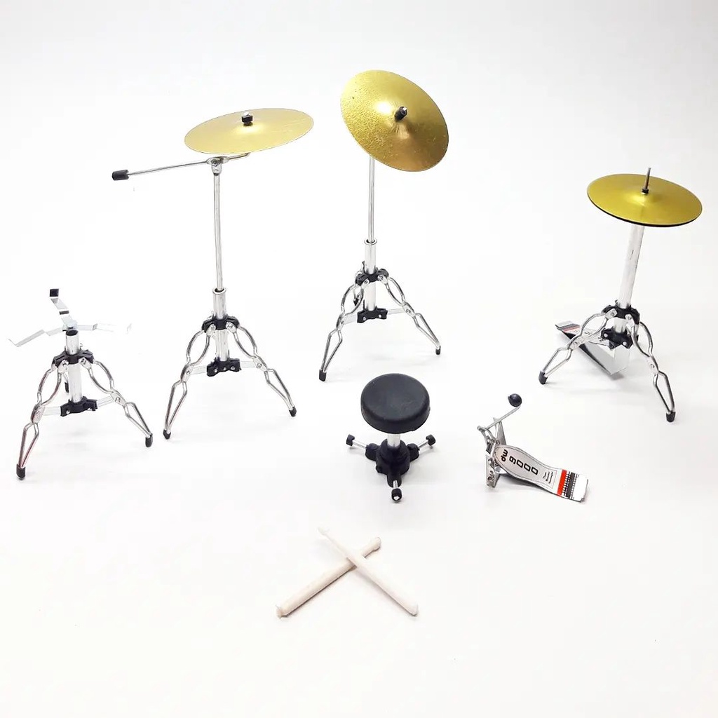 Miniature Cymbal, Hi-hat, Cymbal, drum stick, chair, bass pedal and ...