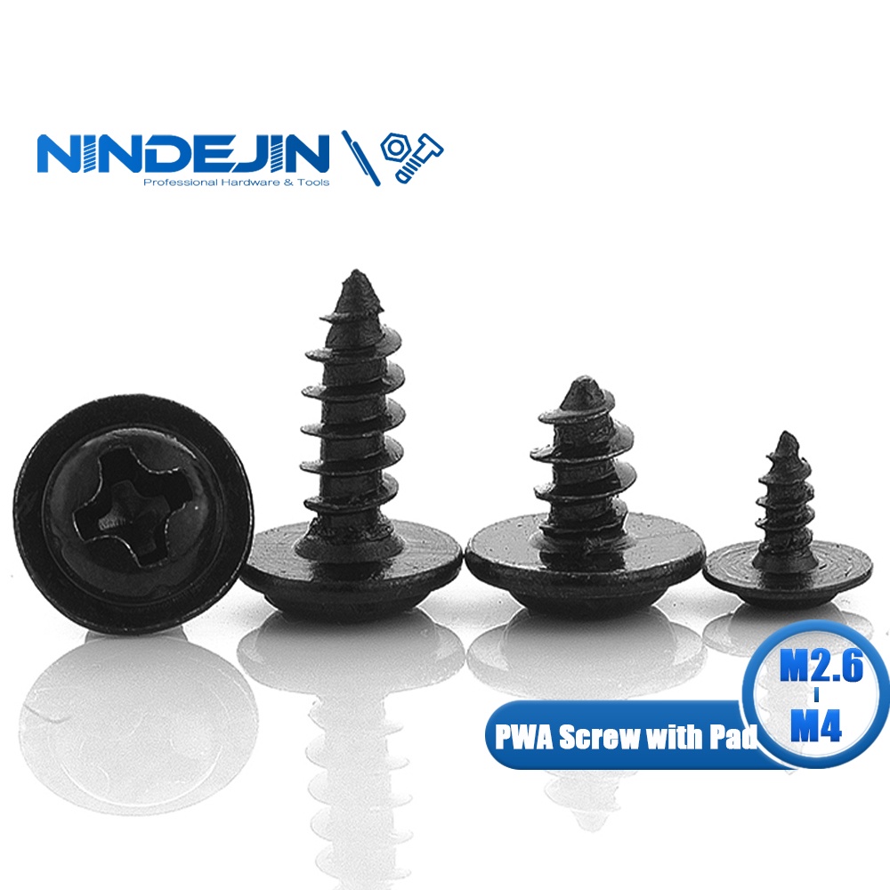 NINDEJIN Cross Round Head With Cushion Self Tapping Screw M2.6 M3 M3.5 M4 Black Carbon Steel ...