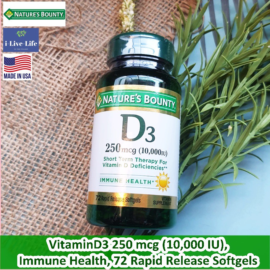 Vitamin D3 D3 250 mcg (10 000 IU) 72 Rapid Release Softgels-Nature's Bounty D-3 D 3 Immune ...
