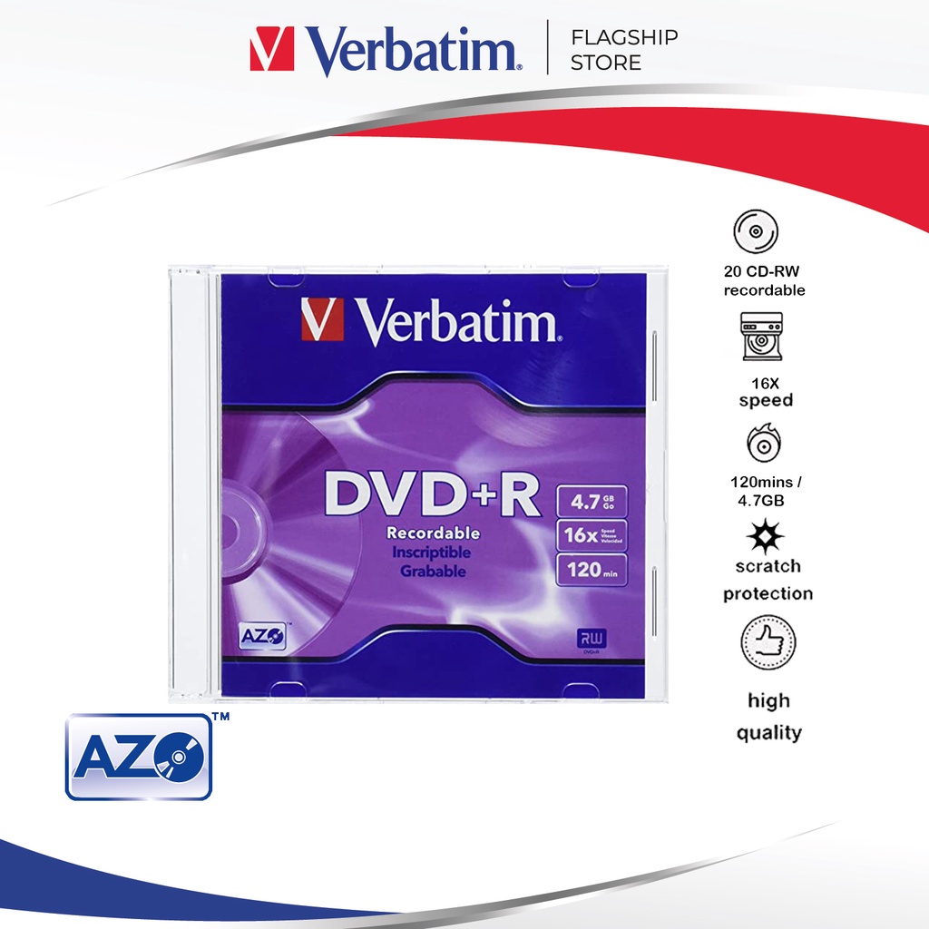Verbatim DVD-95059 DVD+R 4.7GB 16X 120mins (20 pcs with Individual Slim ...