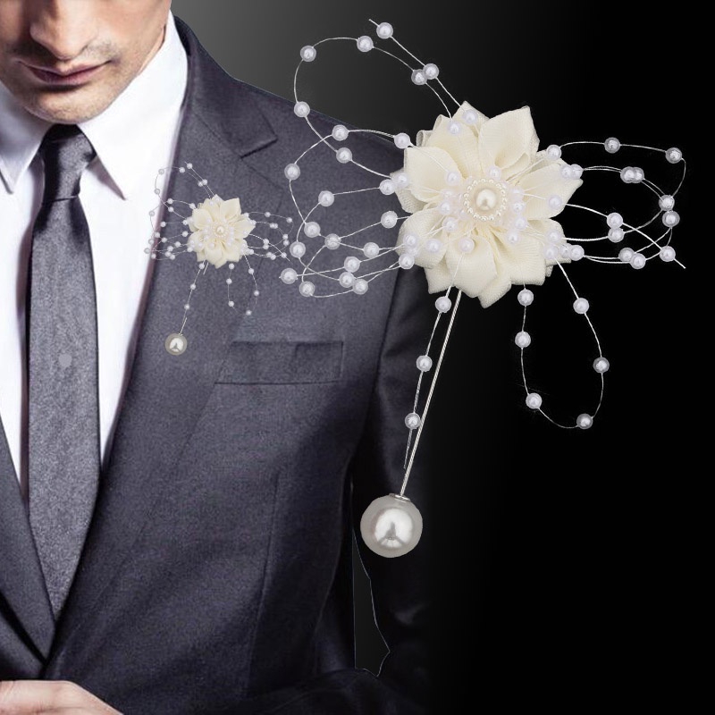 Hanmade Wedding Groom Boutonniere Beaded Ivory Satin Flowers Pin Bridal ...