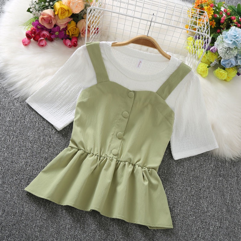 Fairy splicing fake two-piece shirt French versatile blouse summer ...