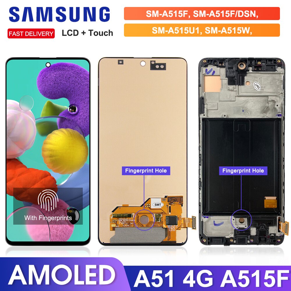 6.5" SUPER AMOLED A515 A515F A515F/DS Display Screen With Fingerprint, For Samsung Galaxy A51 ...