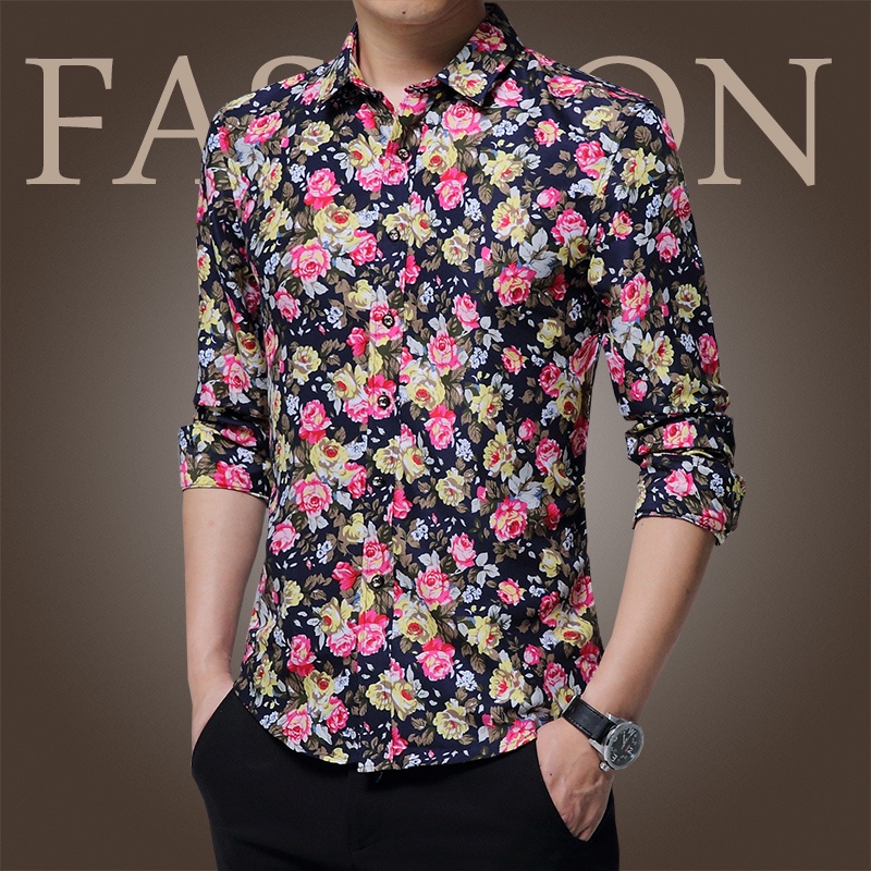 Mens Slim Fit Sleeve Trend Casual Flower Shirt Men Retro Design Casual ...