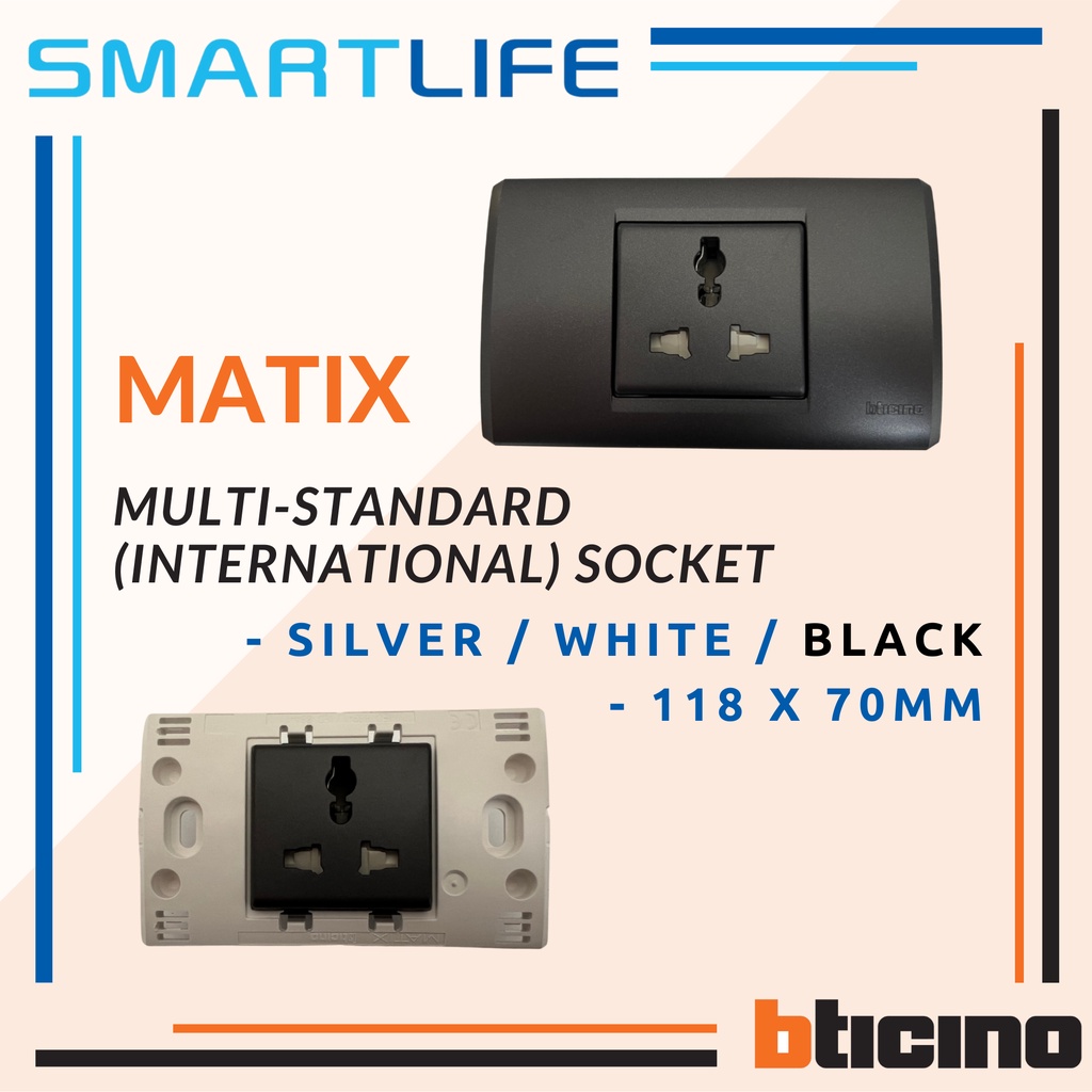 Bticino Matix 1 Gang Multi-Standard International Socket Outlet Euro-Us 15A 250V with Safety ...