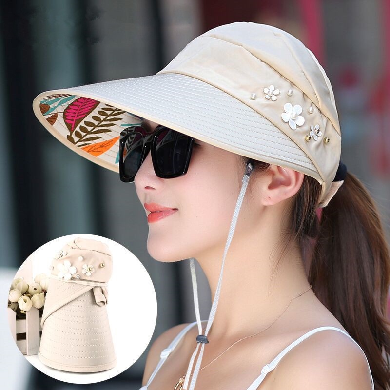 Women Beach Sun Hat Foldable Sun Visor Wide Brim Uv50 Floral Print Cap