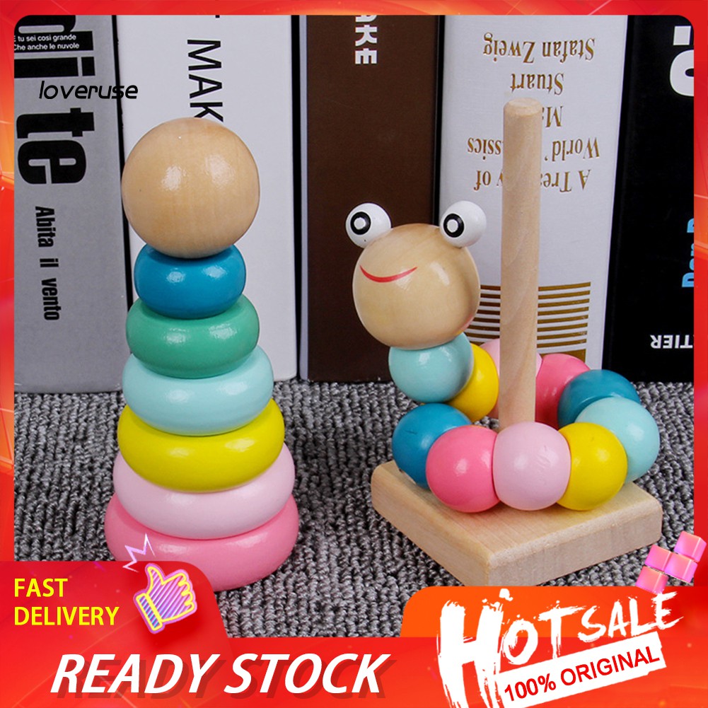 WJ☼ Wooden Macaroon Color Puzzles Stacking Tower Caterpillar Baby ...