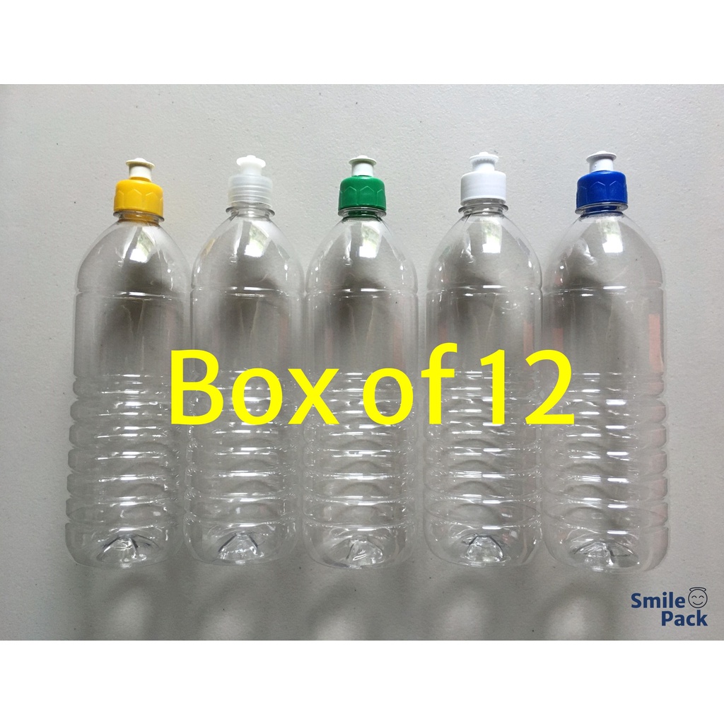 1L PET Plastic Bottle 1 liter - BOX of 12 pcs with Sports Caps / Pull ...