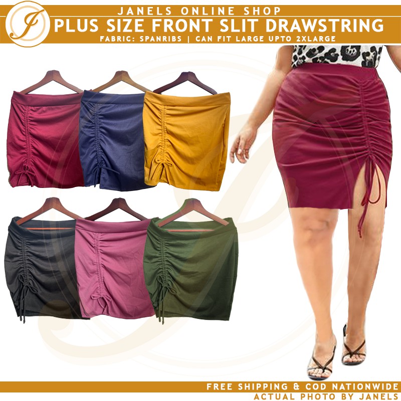 Plus Size Levy Drawstring Skirt / Ruched Front Slit Skirts (L upto 2XL ...