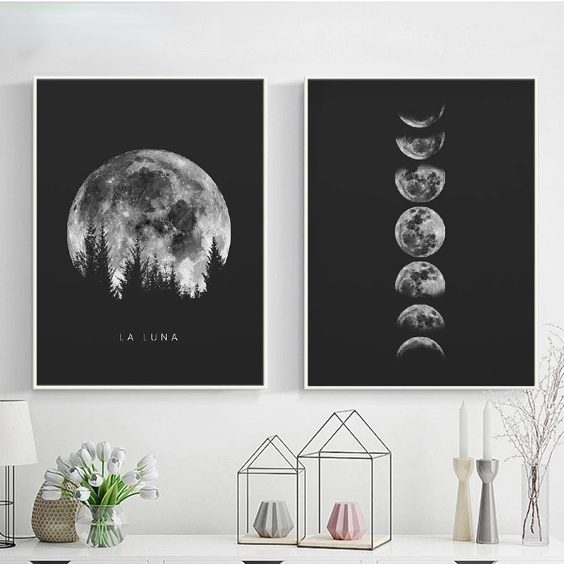 Minimalist Full Moon Poster Art Black White Moon Phases Prints Solar ...