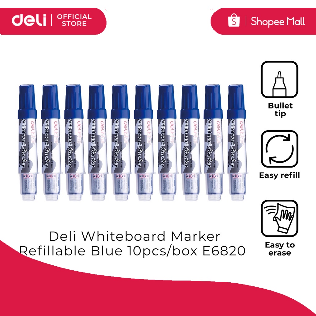 Deli E6820 Whiteboard Marker Refillable Blue 10pcs/box (1BOX ...