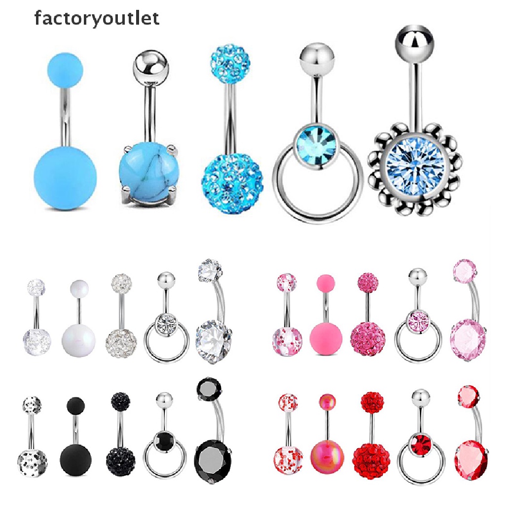 FOPH 5Pcs Crystal Shiny Navel Belly Button Rings Women Barbell Body ...