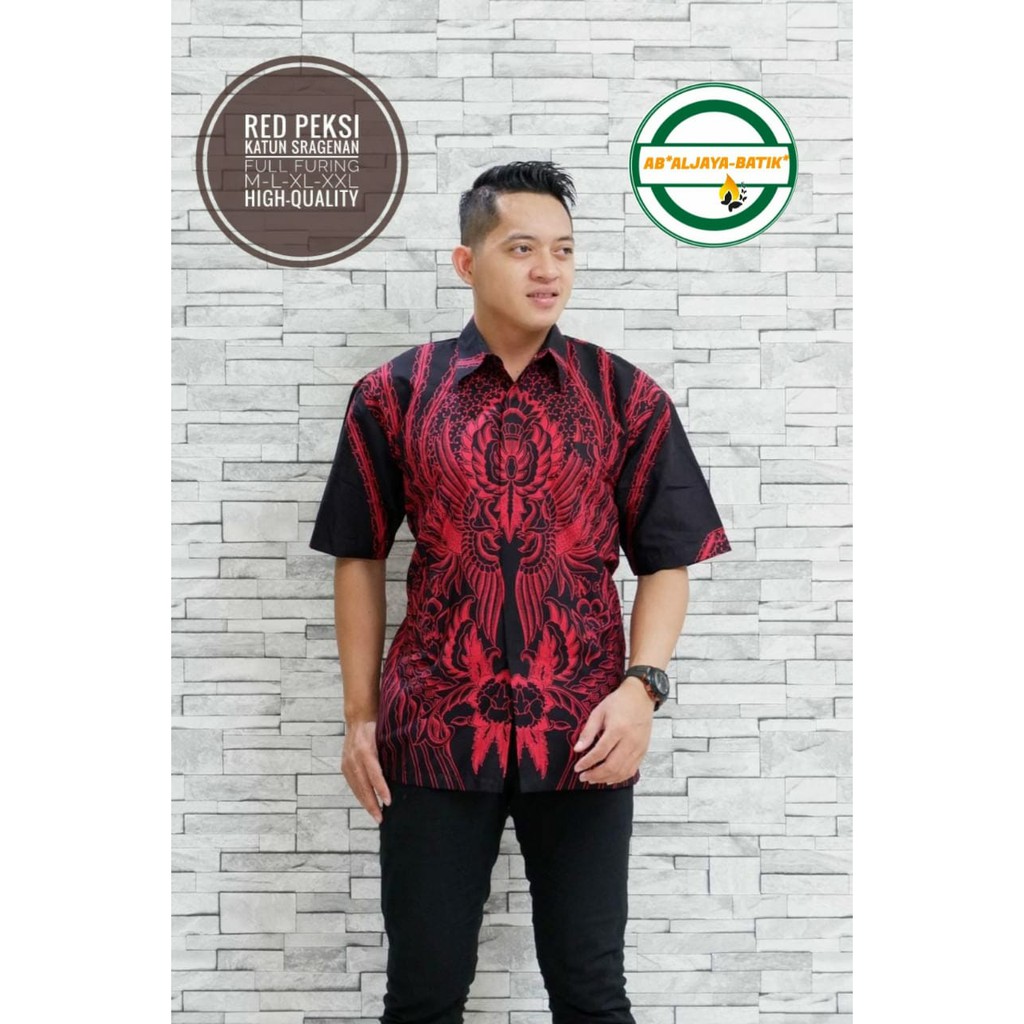 MERAH KATUN KEMEJA Red Men's batik Shirt full Cotton solo batik ...