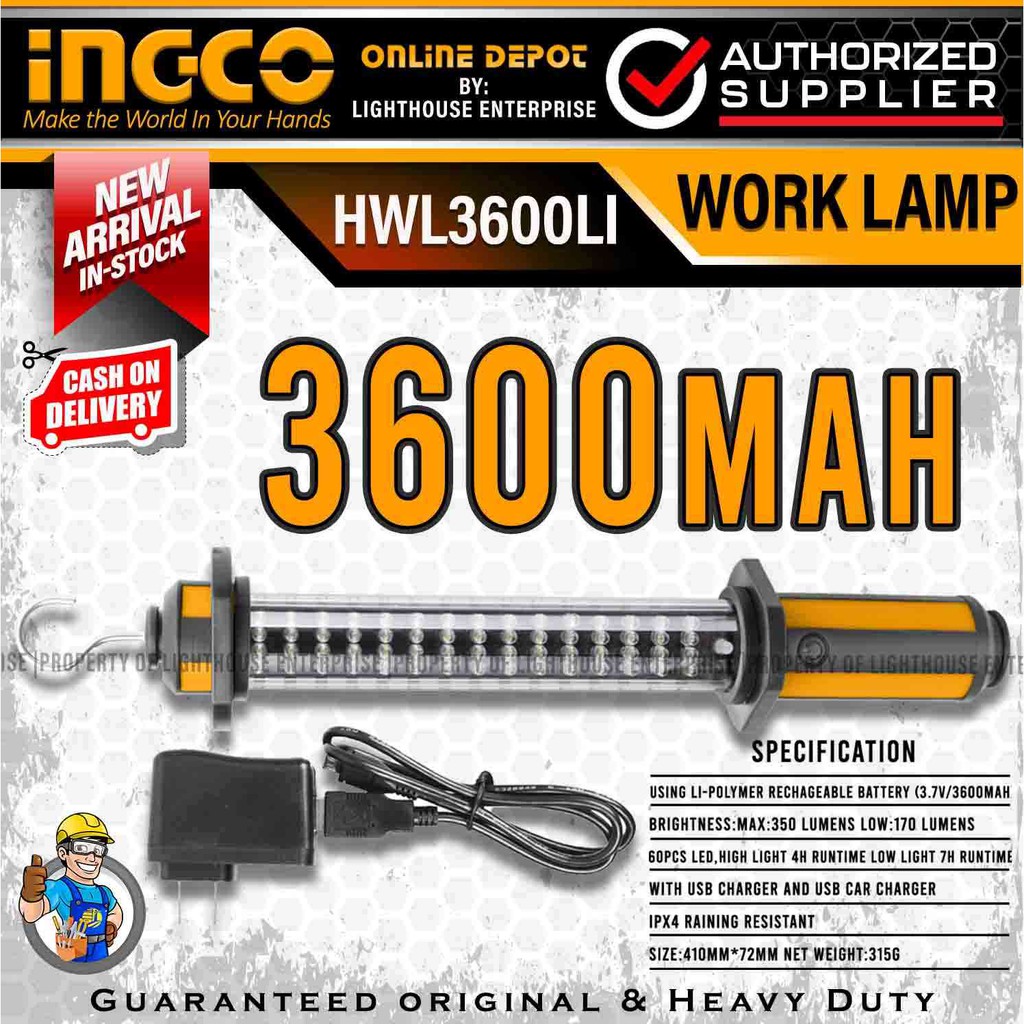 INGCO Rechargeable LED Work Lamp - 410*72mm (HWL3600LI) LIGHTHOUSE ...