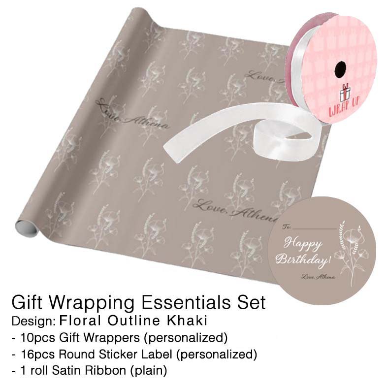 Gift Wrapping Essentials Set B - Floral Outline Khaki -Wrapper Card Tag ...
