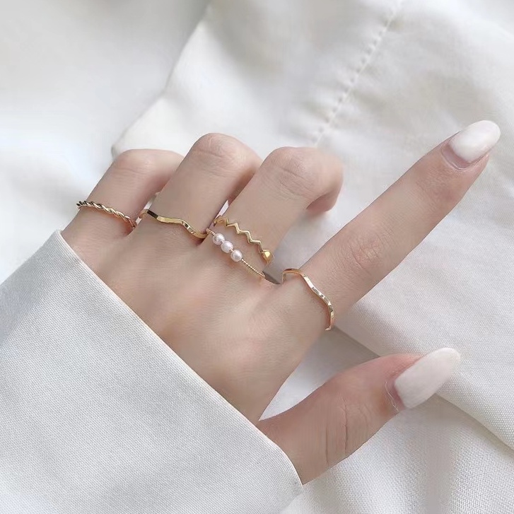 EMS fashion 5pcs/Set Metal Ring Set Simple Luxury Pearl Geometry ...