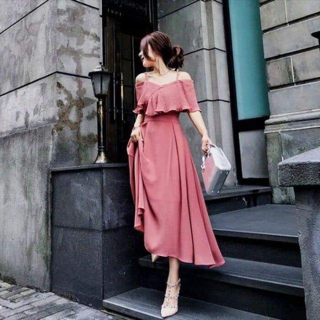 Fashionable Elegant Marimar Pleated Cold-offshoulder Maxi Casual Formal ...