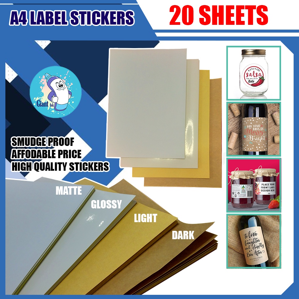 Printable Inkjet Sticker paper Matte, Glossy & brown Kraft A4 size ...