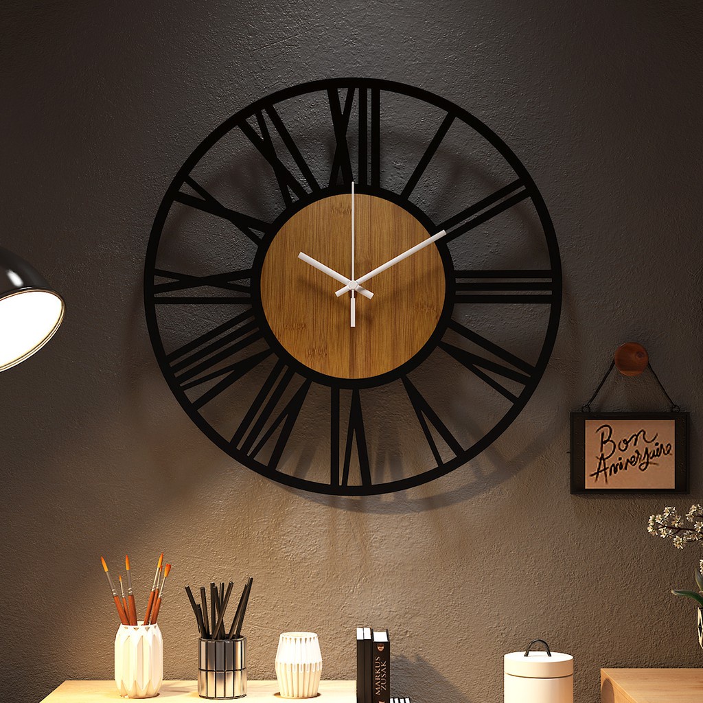 【COD】Modern Minimalist Creative Iron Wood Roman Wall Clock 16 Inch Room ...
