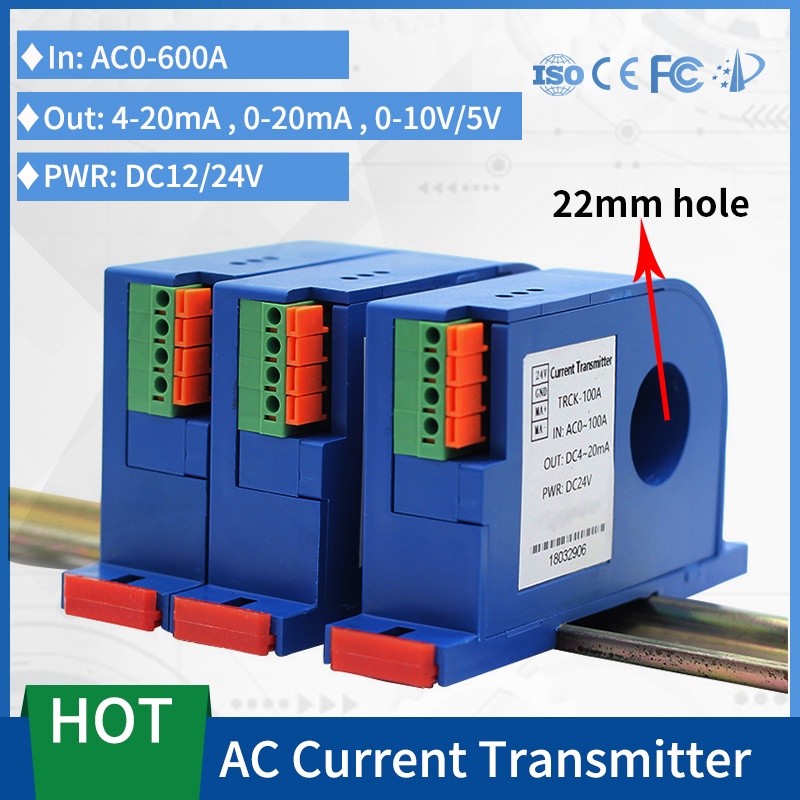 22mm Hole AC Electric Current Sensor Transmitter 10A 50A 600A Input 0-10V 4-20mA Output ...