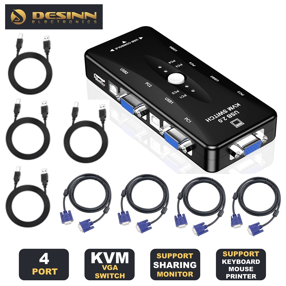 4 Port VGA KVM Switch Selector Share Monitor USB Hub Support Keyboard ...