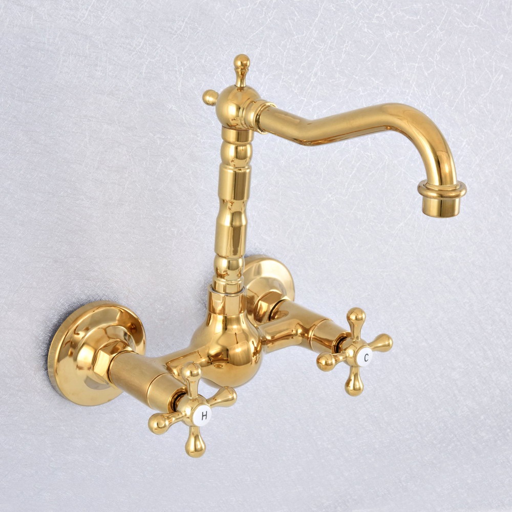Gold Color Brass Wall Mounted Basin Faucets Double Handle Dual Hole ...