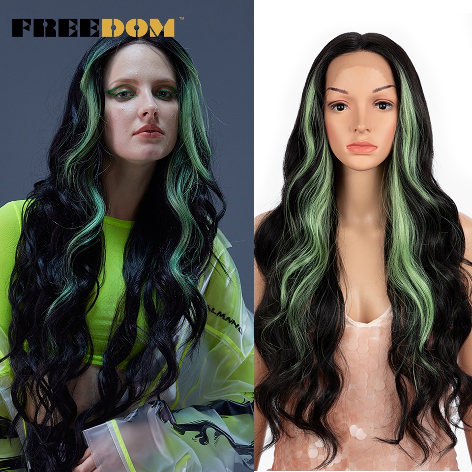 Freedom Synthetic Lace Wigs Ombre Long Wavy Purple Green Ginger Front ...